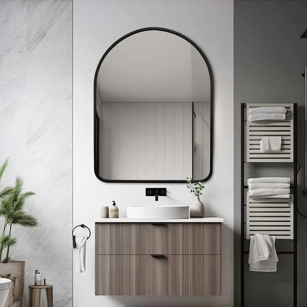 Arched Wall Mirror 80cm x 100cm Black Aluminium Frame Modern Decorative ...